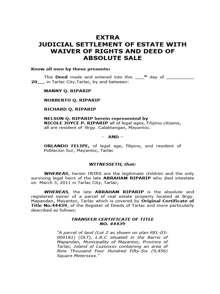 EXTRAJUDICIAL SETTLEMENT OF ESTATE WITH WAIVER OF RIGHTS - Docx 2 ...