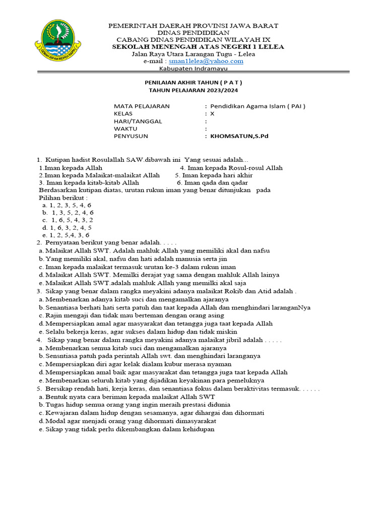 Soal Pat Pai X 2324 Word | PDF