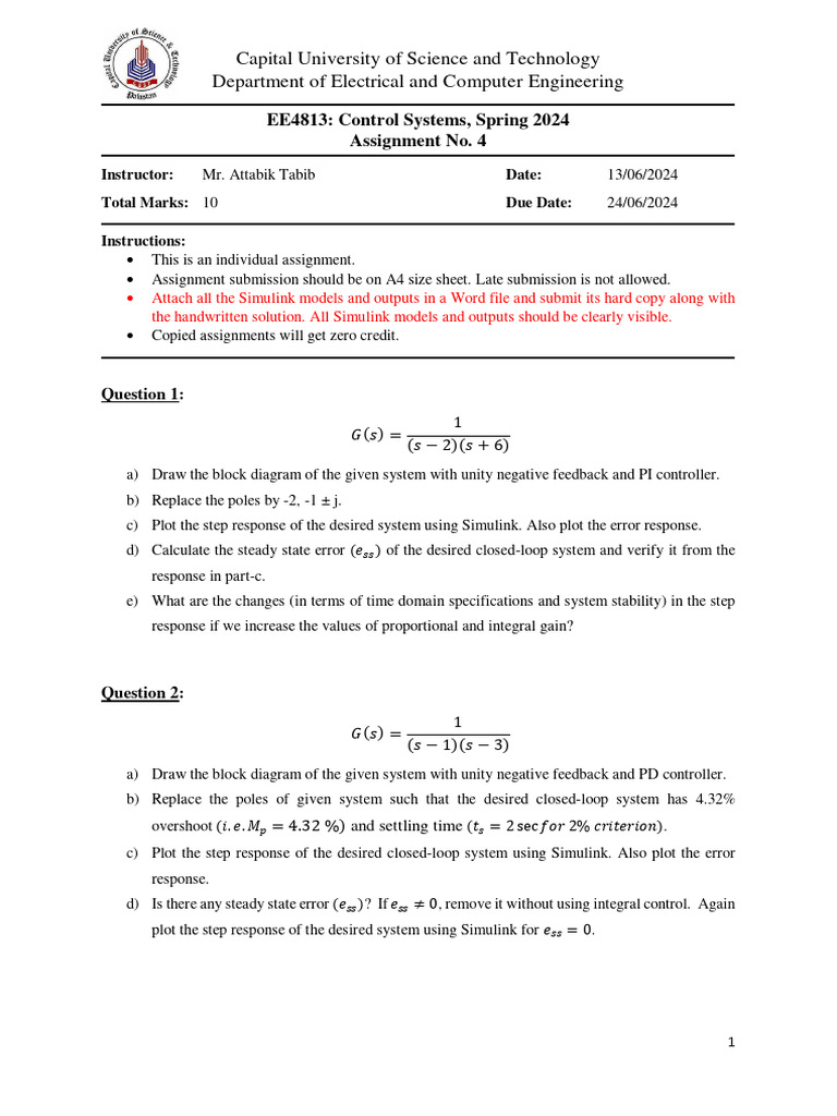 Assignment 4 | PDF | Control Theory | Electronic Engineering