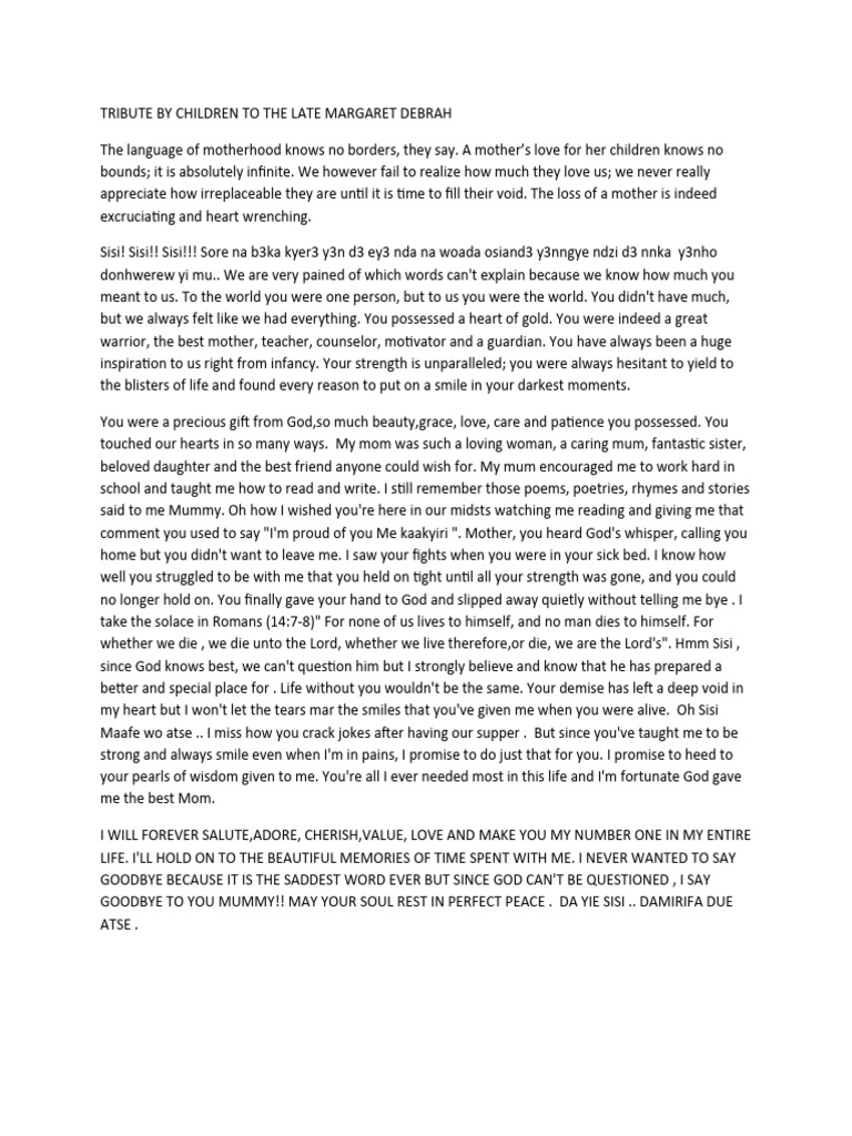 Tribute from Children to Their Mother | PDF