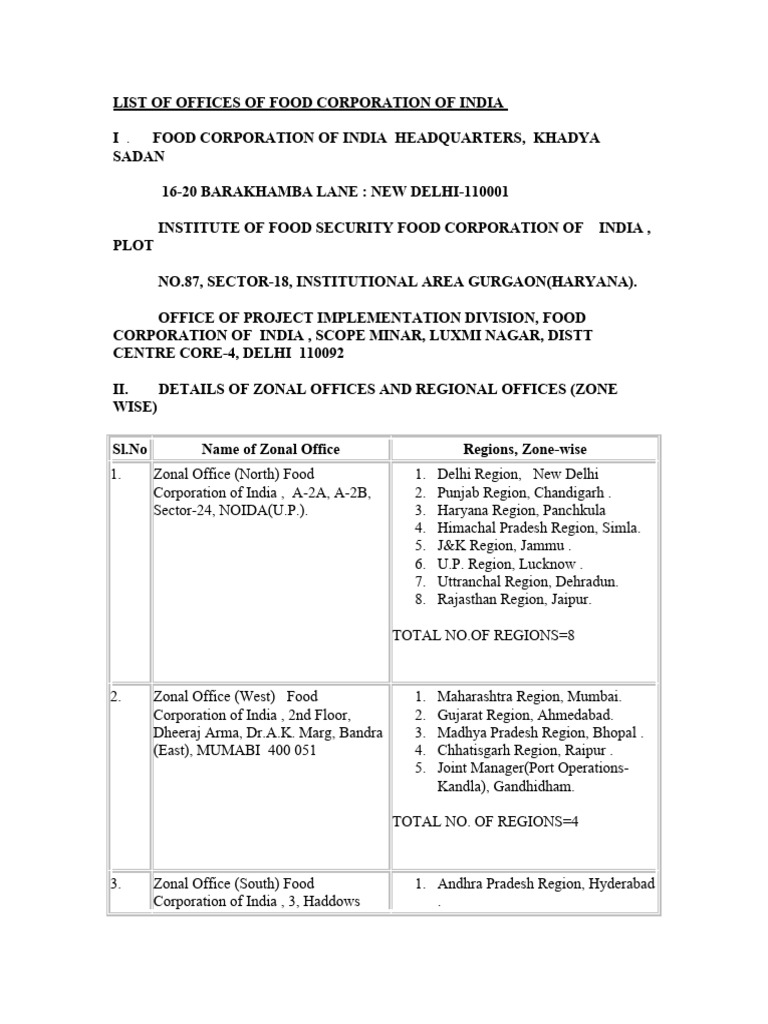 List of FCI Office | Download Free PDF | Malnutrition | Food And Drink