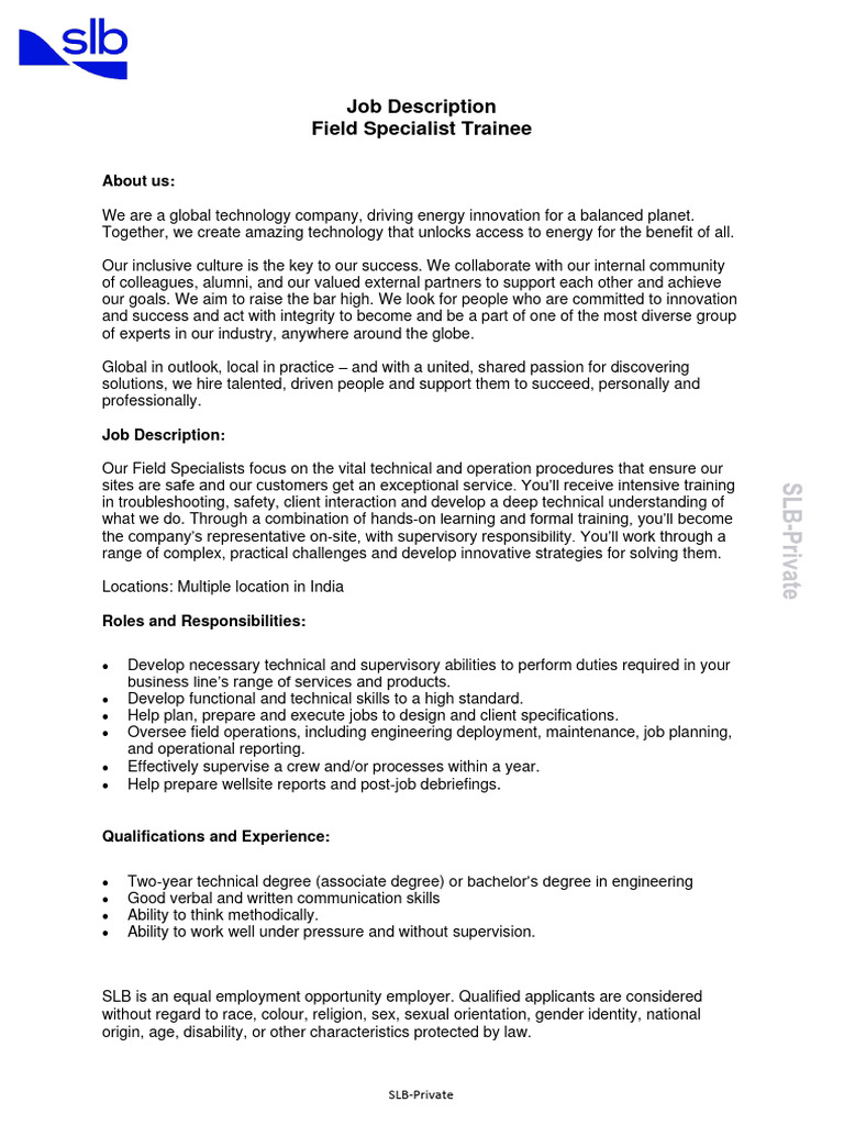 SLB - Job Description - Field Specialist Trainee | PDF | Innovation ...