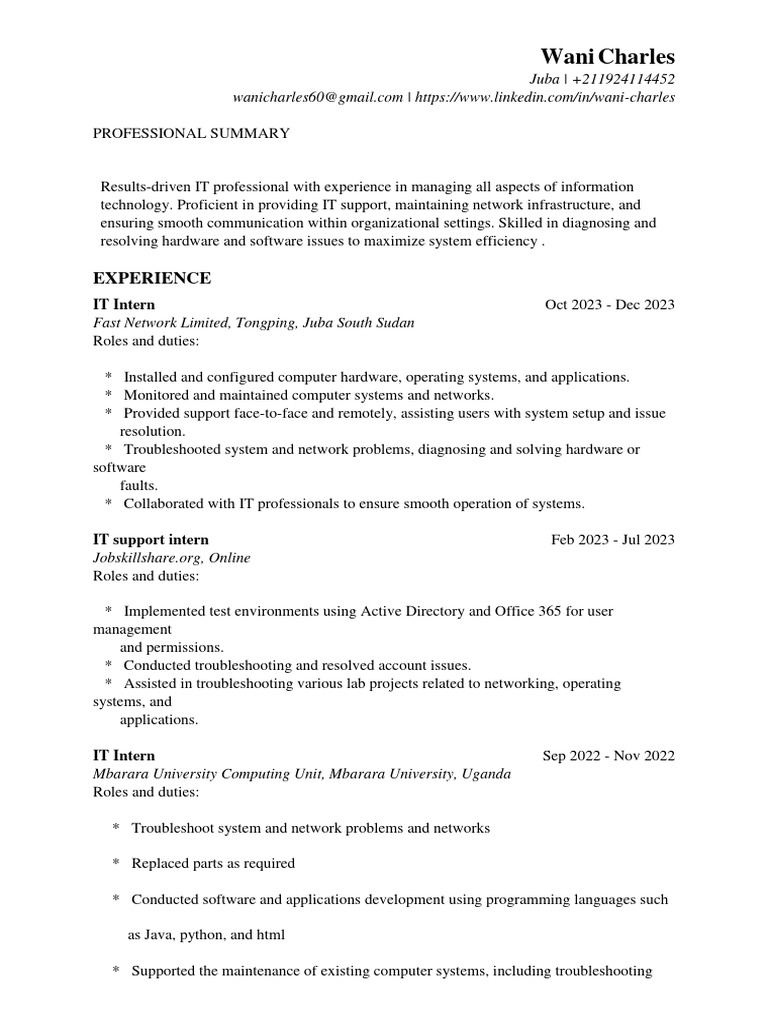 Wani Charles Experience Pdf Operating System Software