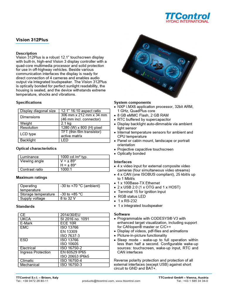TTControl Vision 312plus Datasheet | PDF | Backlight | Touchscreen