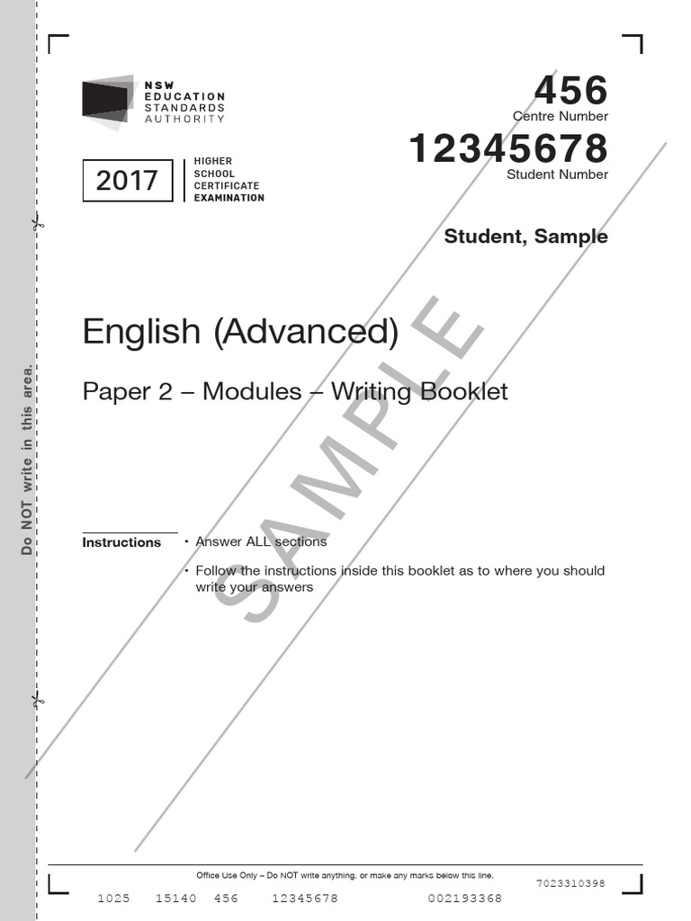English Advanced HSC Paper 2 Sample Writing Booklet | PDF ...