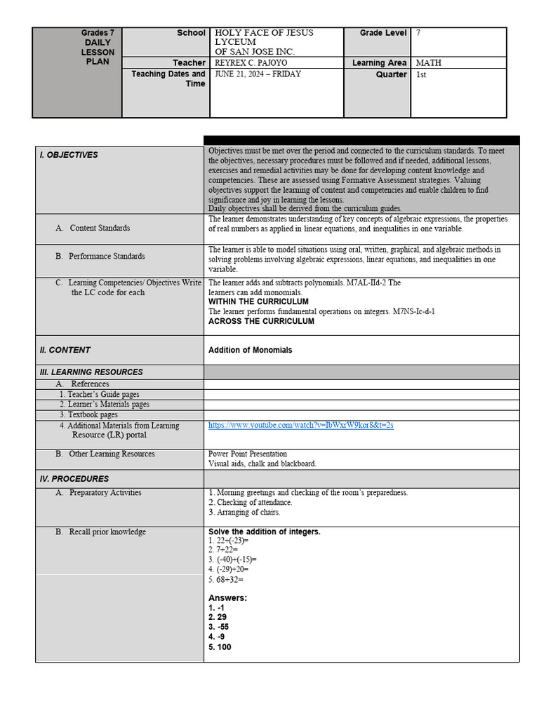 Addition of Monomials Lesson Plan | PDF | Equations | Learning