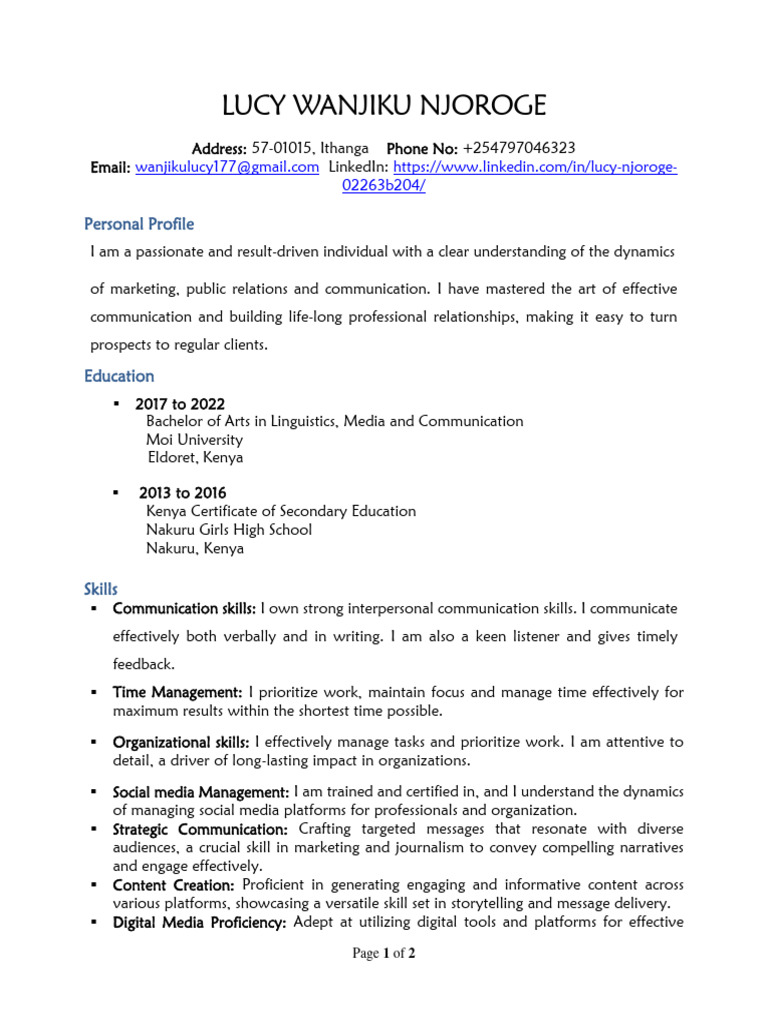 Lucy Njoroge CV | PDF | Communication | Social Media