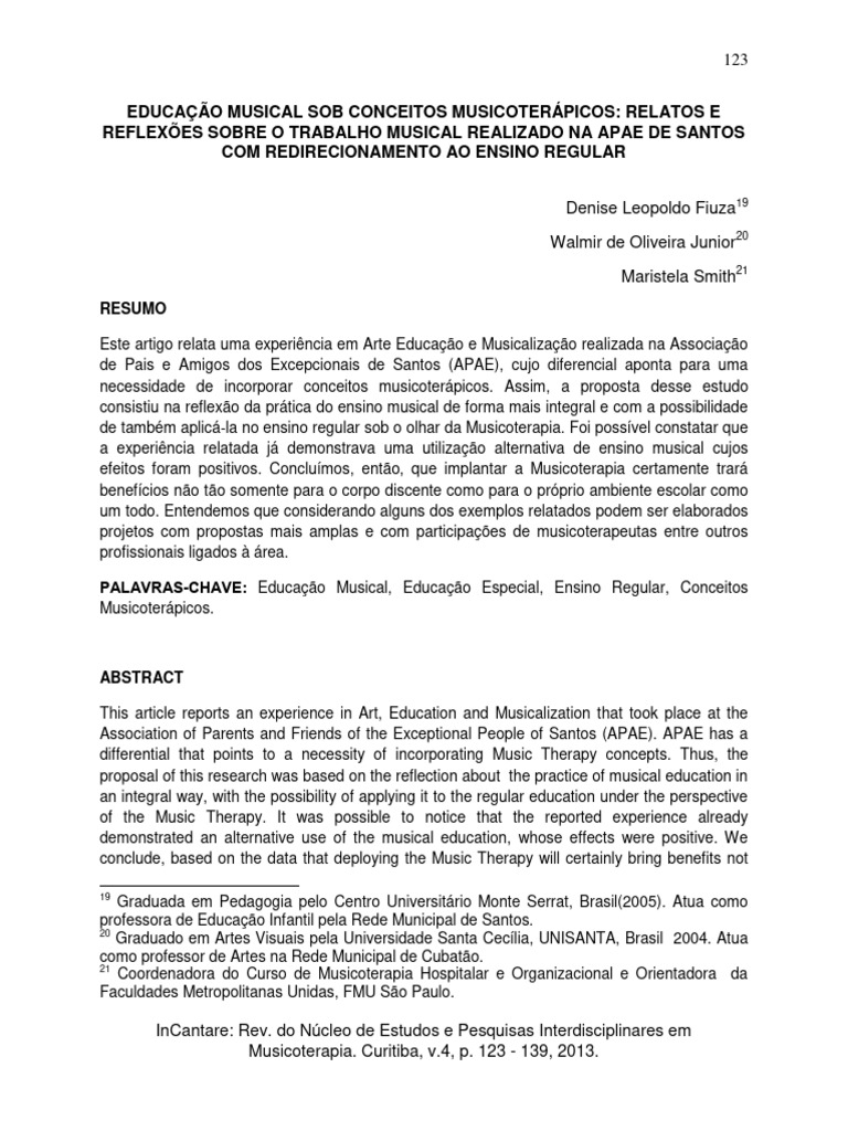 Musicoterapia na Educação Musical na APAE | PDF | Som | Pedagogia