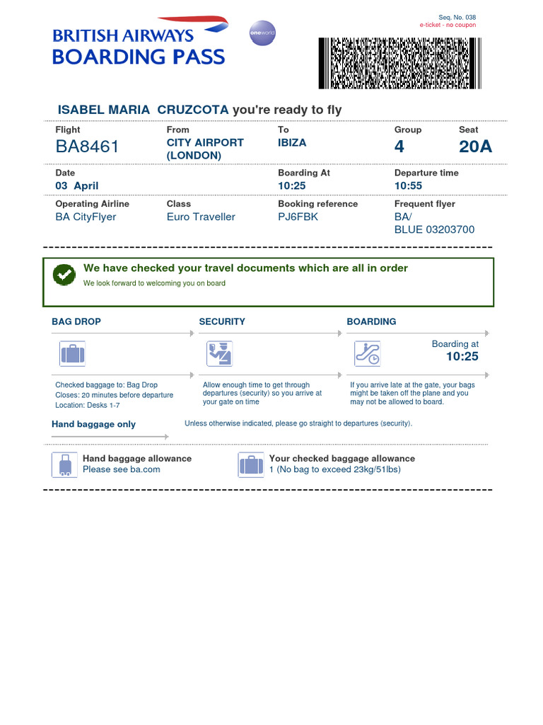 Boarding Pass BA8461 LCY IBZ 038 | PDF | Transport | Civil Aviation