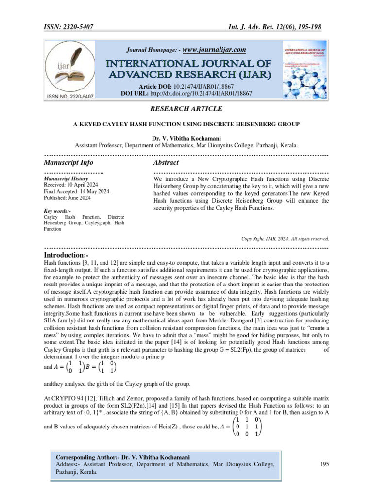 A Keyed Cayley Hash Function Using Discrete Heisenberg Group | PDF | Mathematics | Applied ...