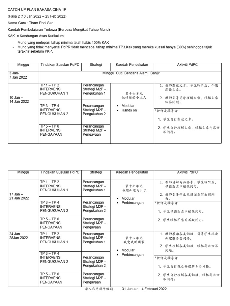 Catch Up Plan Bahasa Cina | PDF