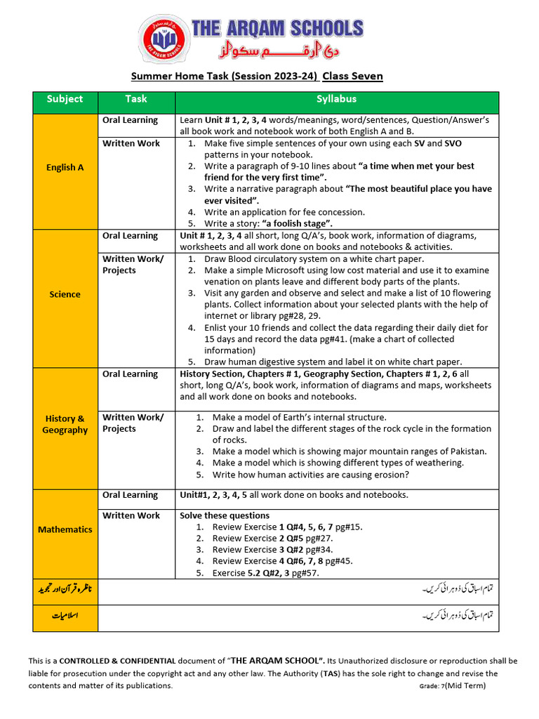 Grade 6 Summer Home Task 2023-24 | PDF