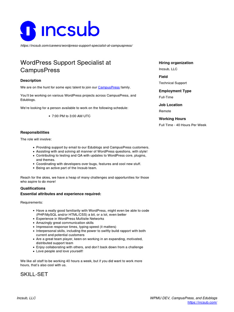 WordPress Support Specialist at CampusPress | PDF | Word Press