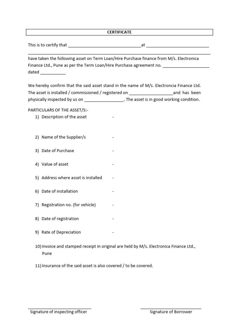 Asset Finance Certificate Template | PDF