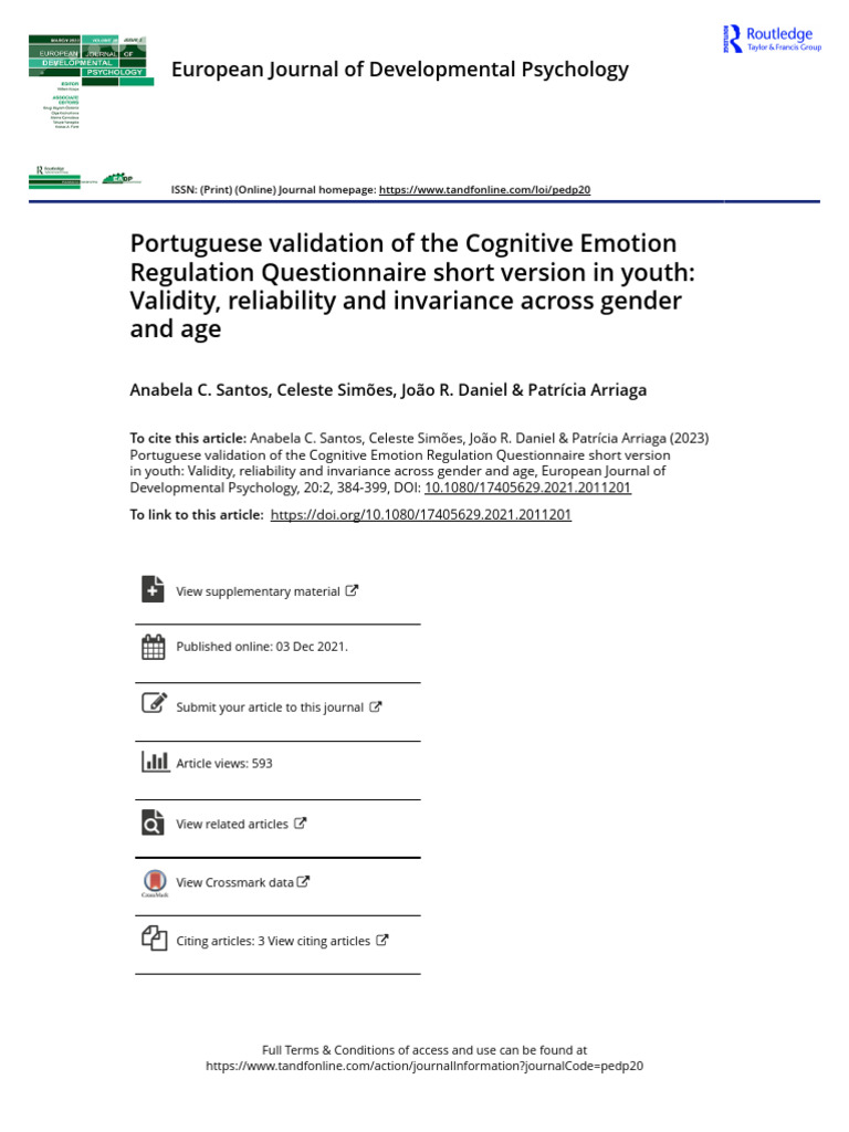 Portuguese Validation of The Cognitive Emotion Regulation Questionnaire Short Version in Youth ...