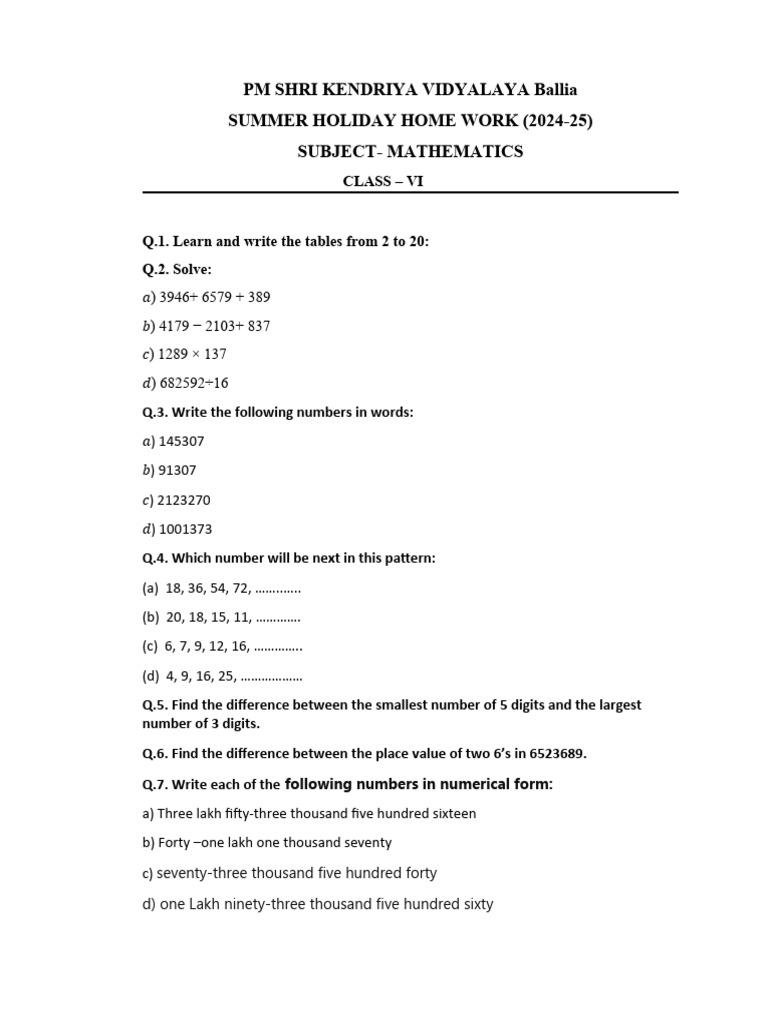 Class 6 Maths Summer Homework 2024 | PDF | Games & Activities ...