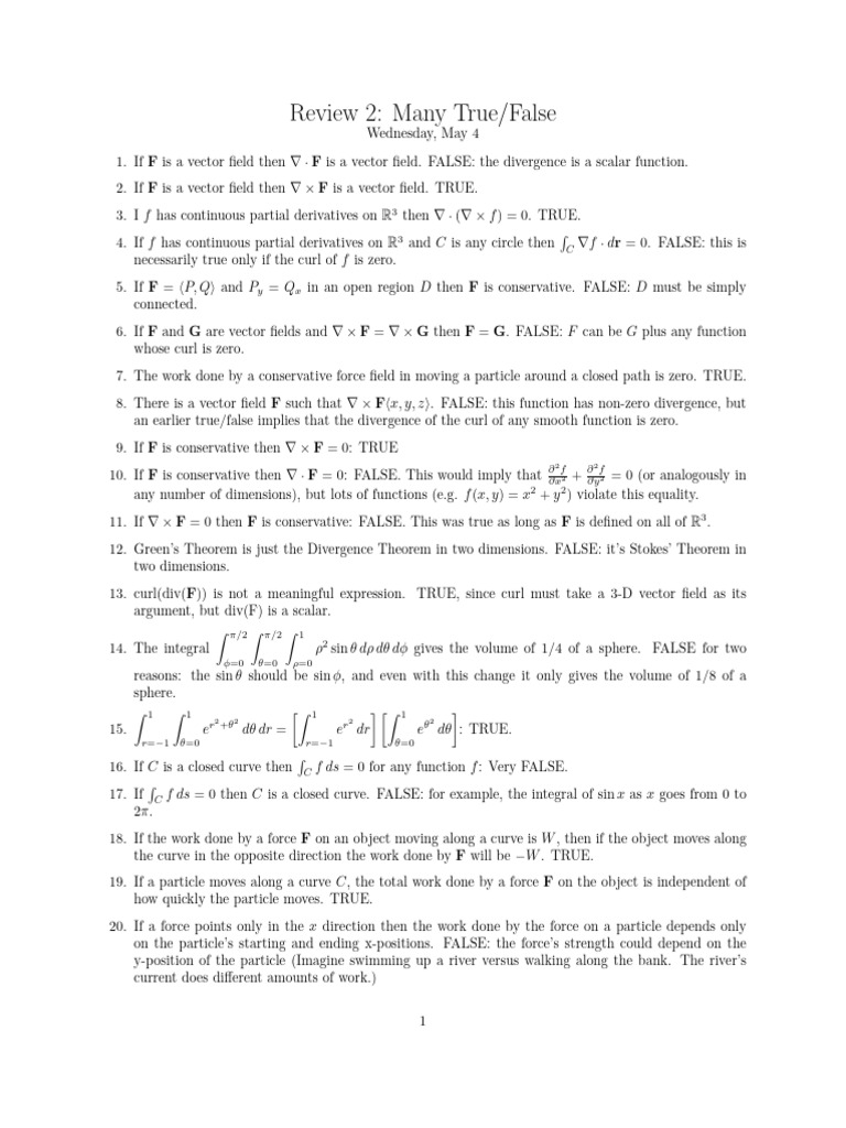 manyTrueFalse Sols | PDF | Divergence | Force