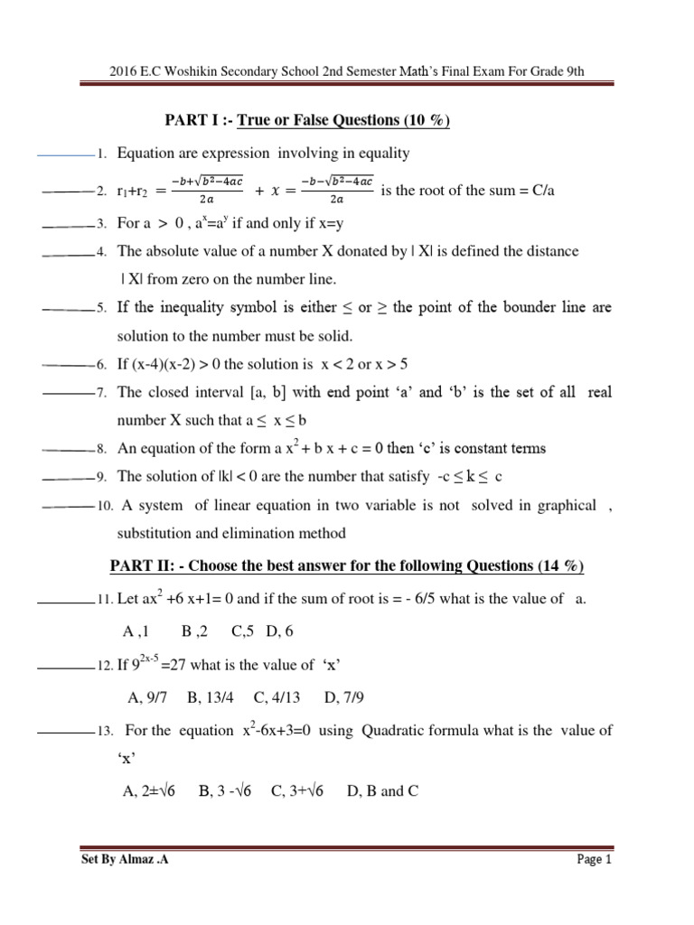 Maths Final Exam For Grade 9 | PDF | Equations | Square Root