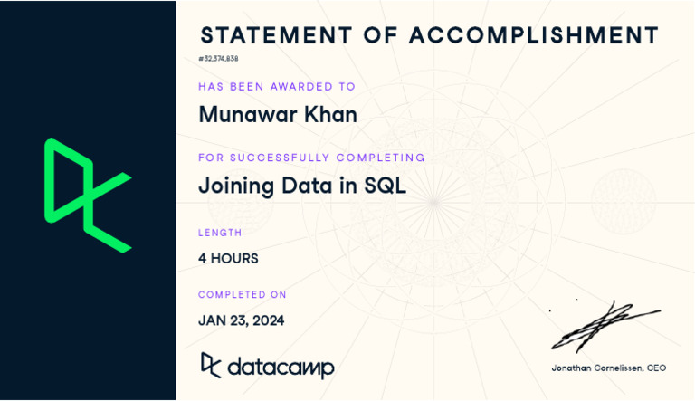 Certificate (Joining Data in SQL) | PDF Certificate (Joining Data in SQL) | PDF