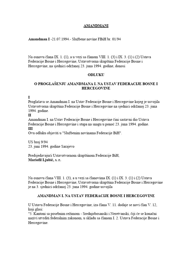 Amandmani Na Ustav FBiH | PDF