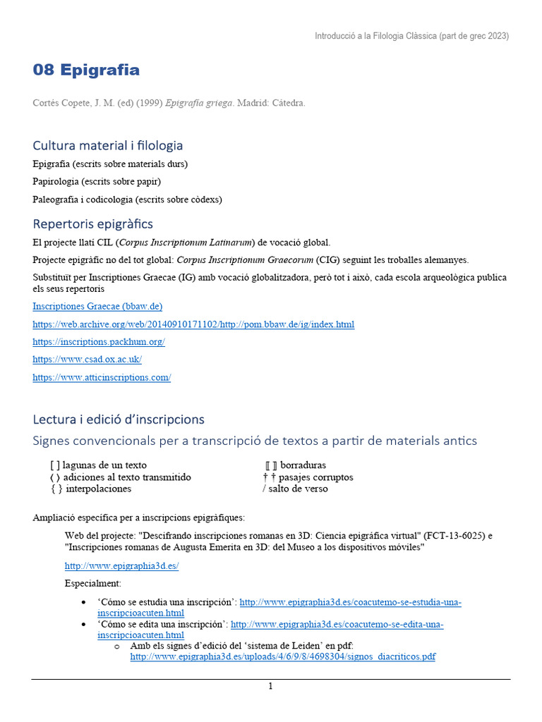 Intro de La Filologia Clàssica (Part de Grec) - Epigrafia (A) (v1.1) | PDF