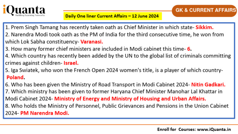 Daily One Liners Current Affairs - 12 June 2024 | PDF