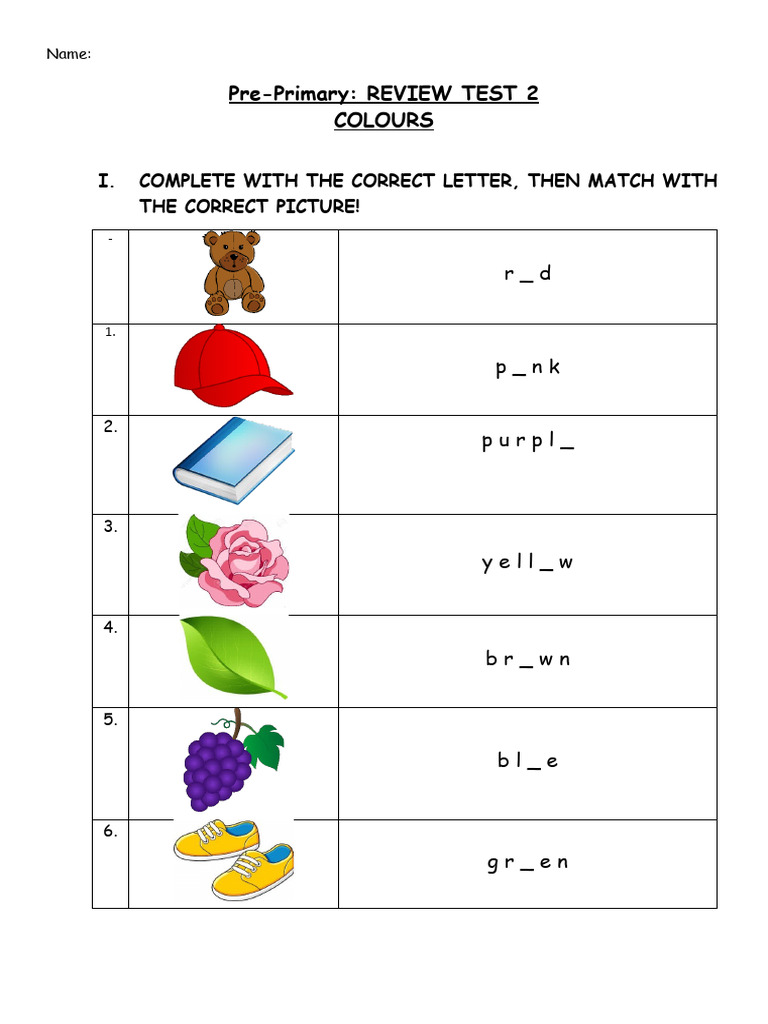 Pre-Primary Colour Review Test 2 | PDF