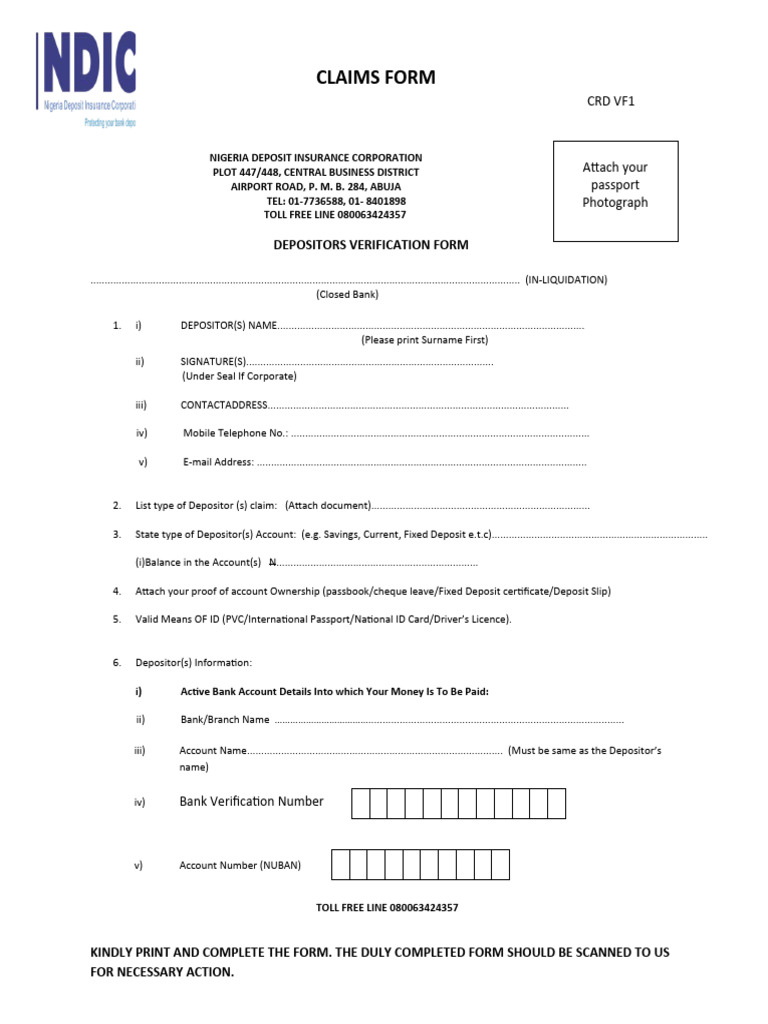 NDIC Depositor Claims Form | PDF | Deposit Account | Banks