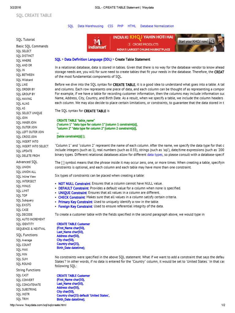 SQL - CREATE TABLE Statement _ 1Keydata | Download Free PDF | Relational Database | Sql