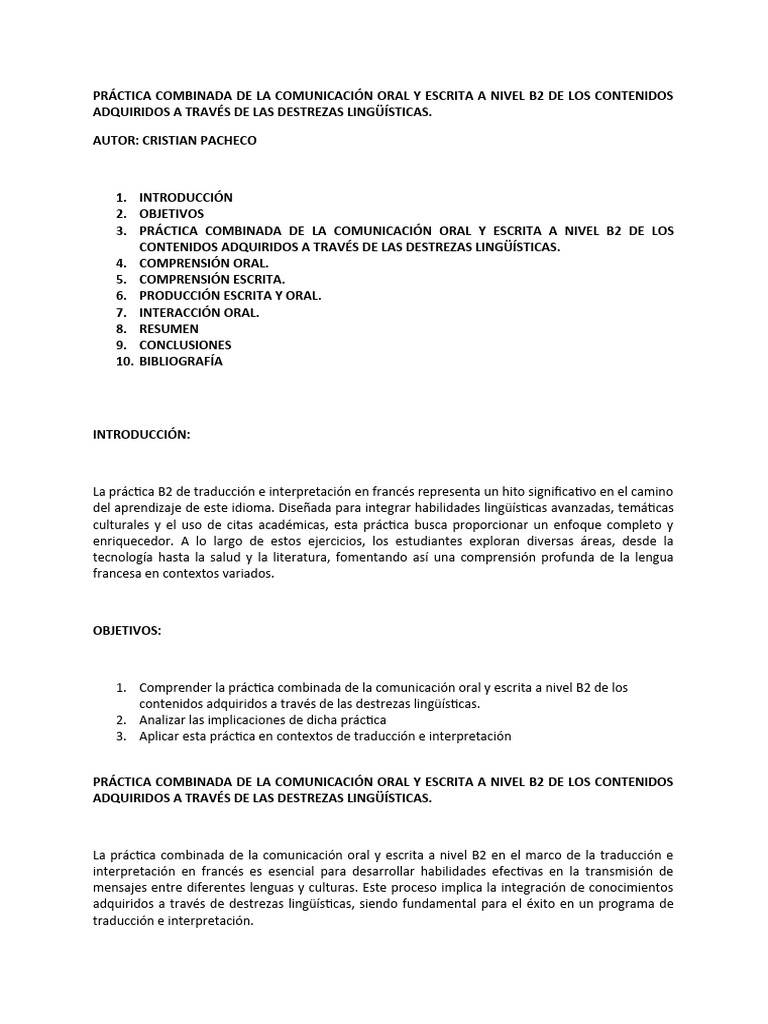 Práctica Combinada De La Comunicación Oral Y Escrita A Nivel B2 De Los