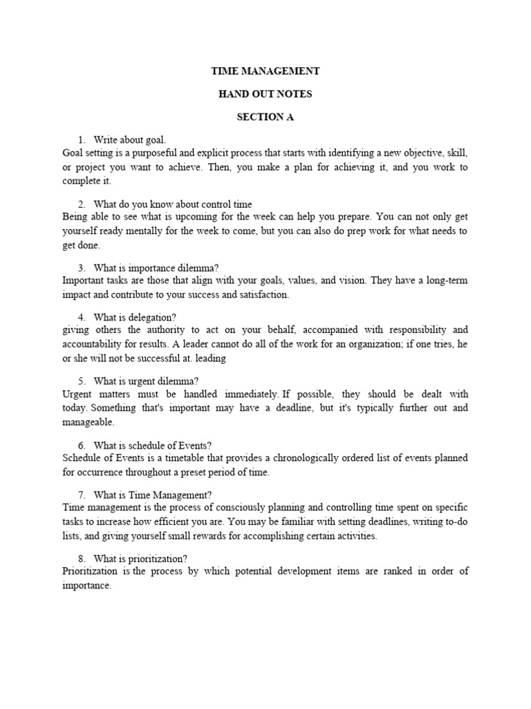 Hand Out Notes - Time Management | PDF | Goal | Goal Setting