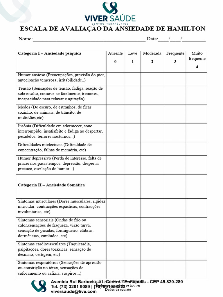 ESCALA DE AVALIAÇÃO DA ANSIEDADE DE HAMILTON | PDF | Ansiedade ...