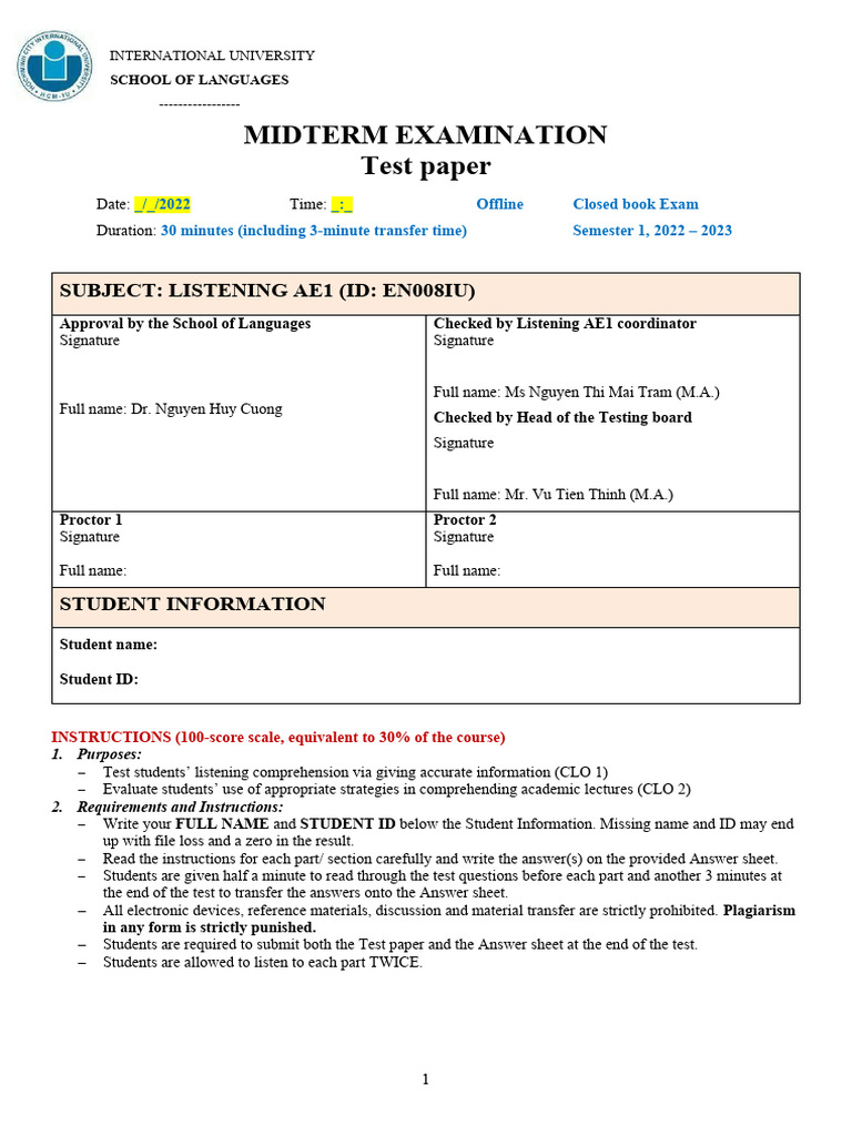 AE1 Listening Midterm Test (Since 2223) - Test Paper | PDF | Career ...