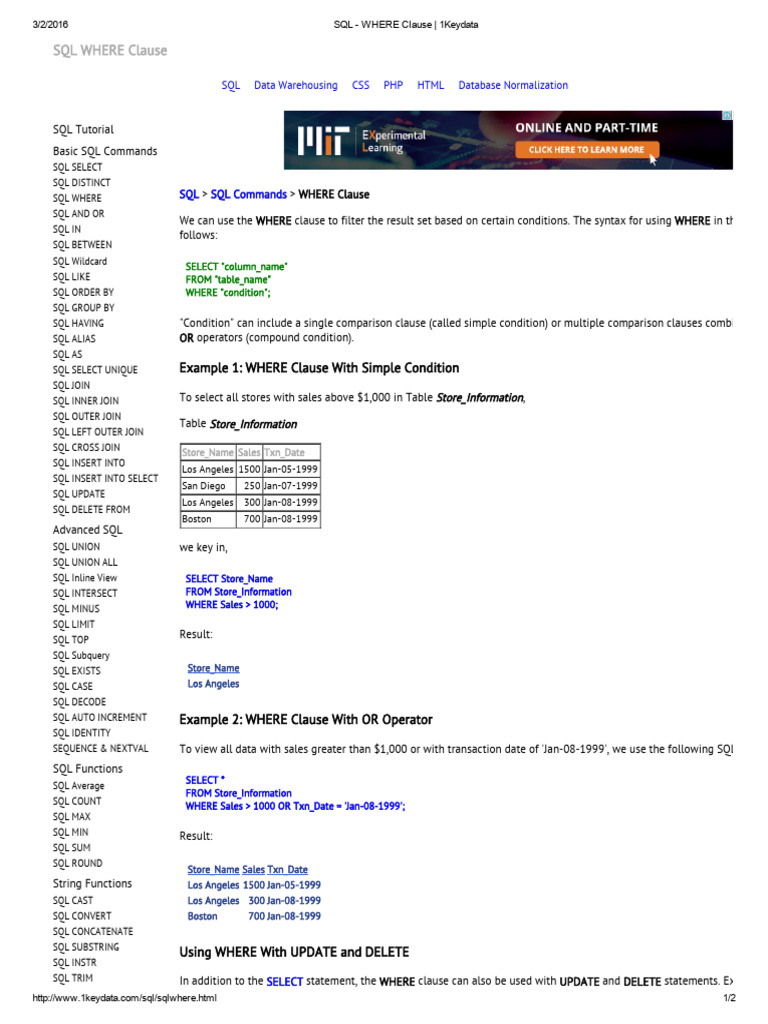 SQL - WHERE Clause - 1keydata | PDF | Sql | Information Retrieval