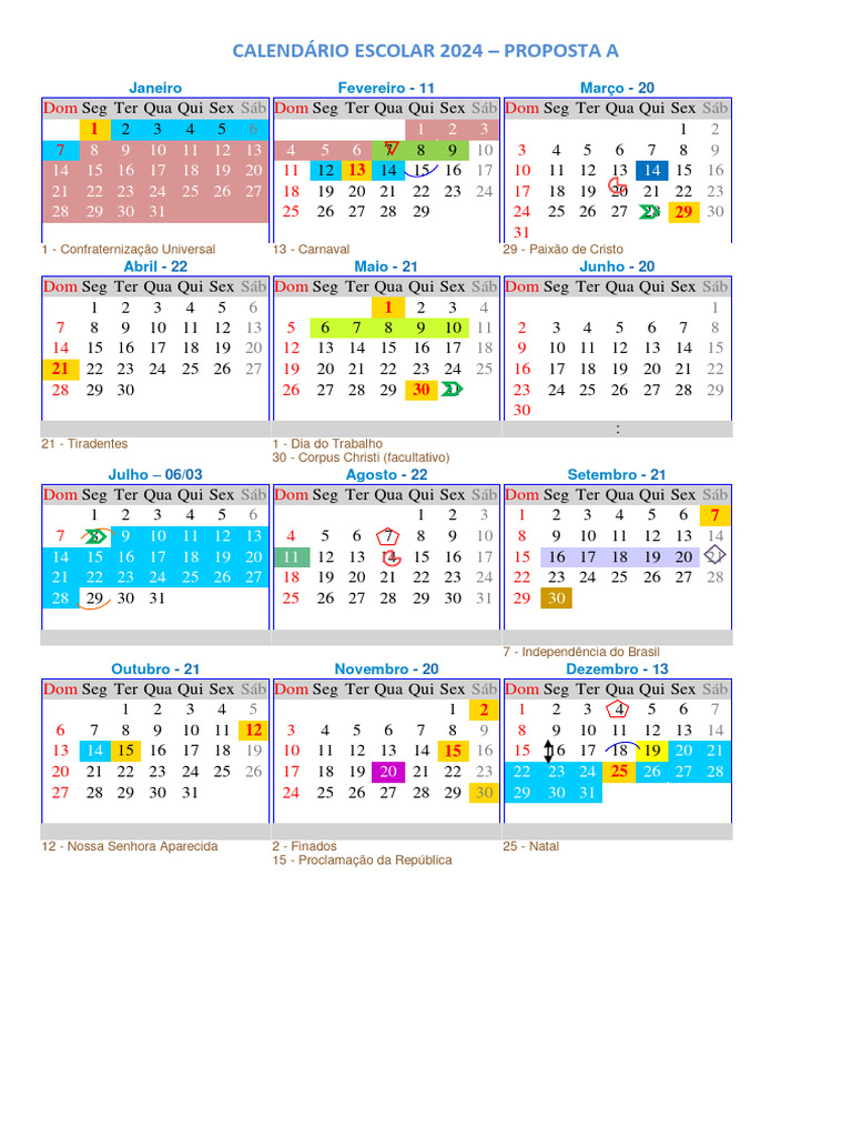 Calendário Escolar 2024: Feriados e Recessos | PDF