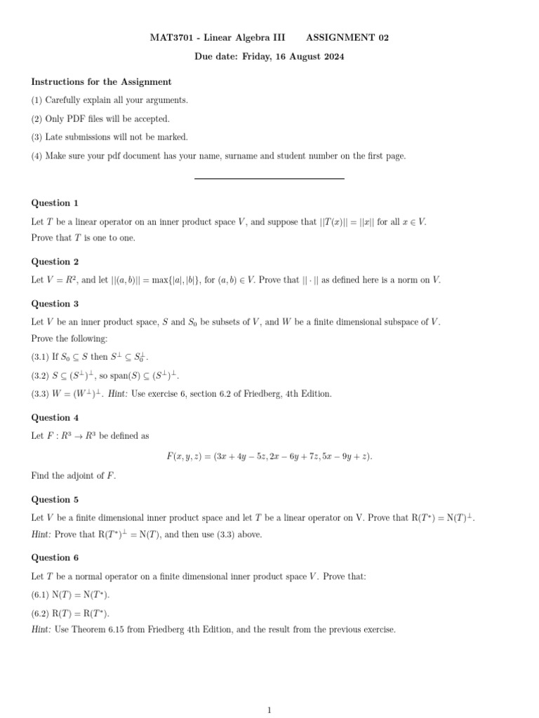 Linear Algebra III Assignment 02 Guide | PDF | Matrix (Mathematics ...