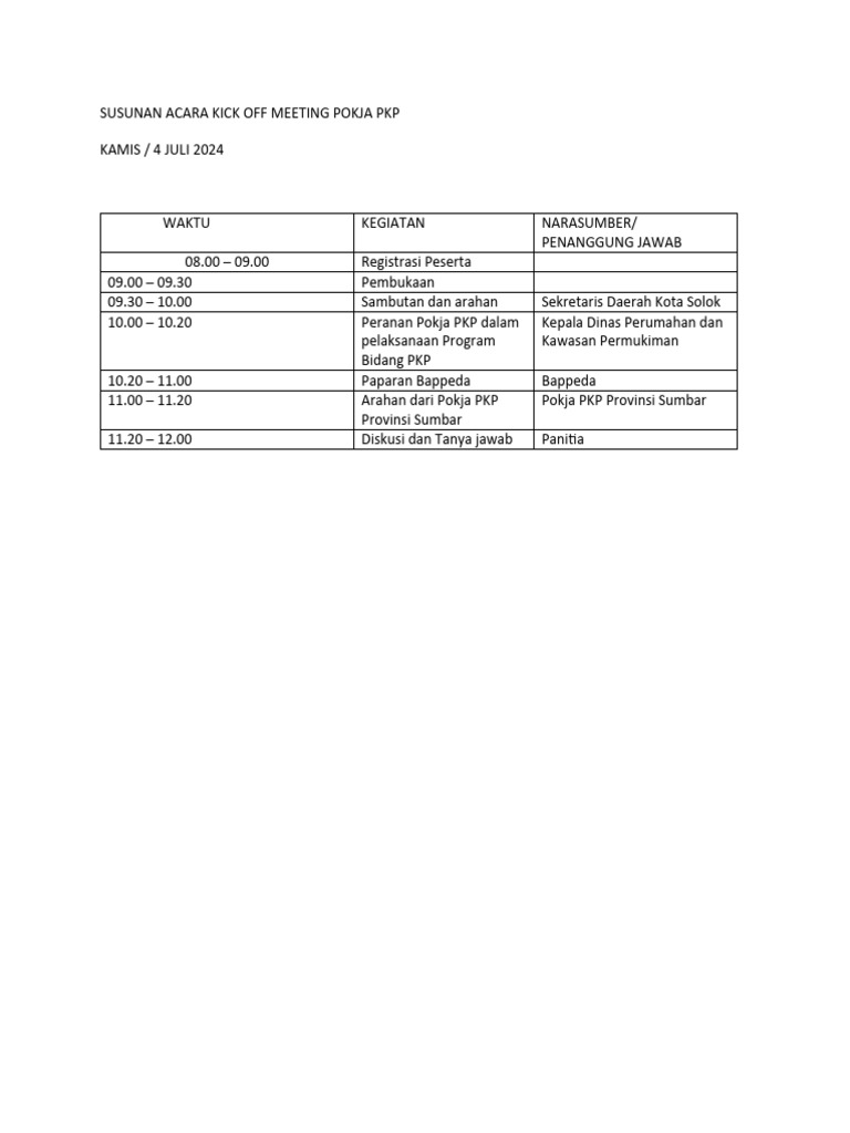 Susunan Acara Kick Off Meeting Pokja PKP | PDF