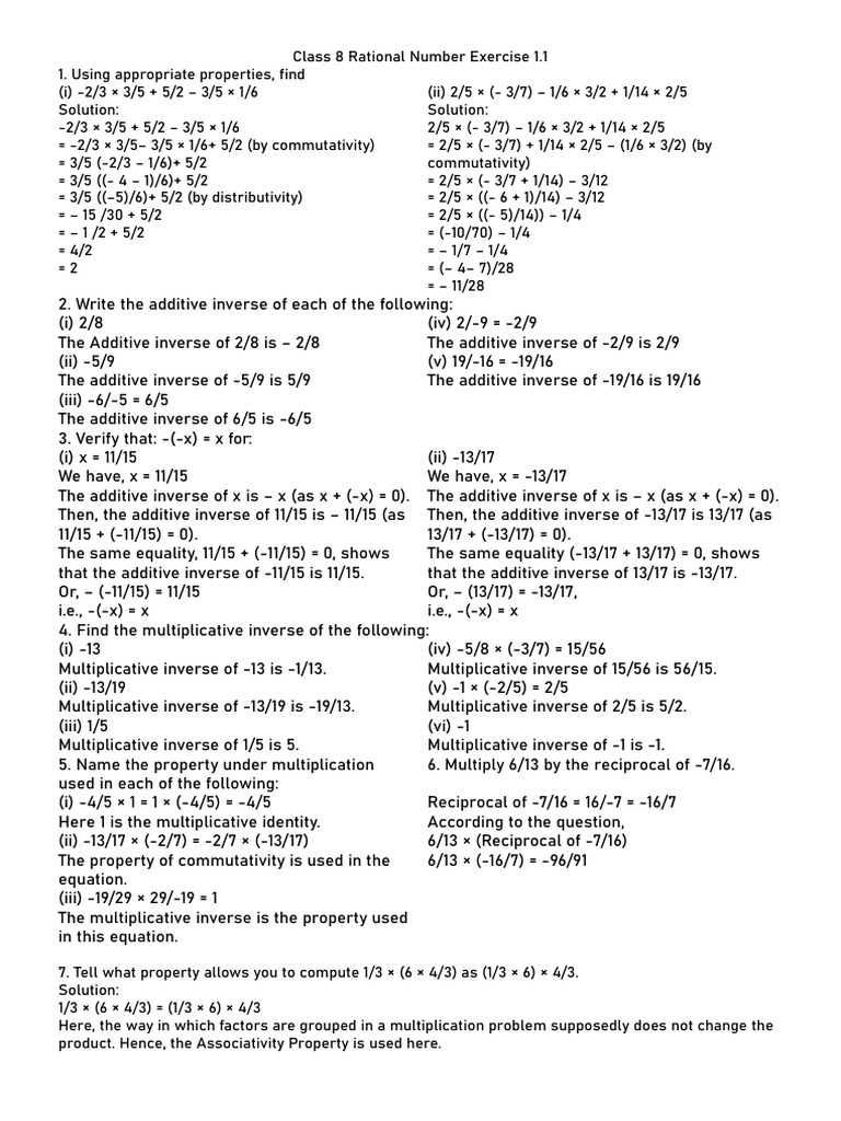 Class 8 Rational Number Exercise 1 | Download Free PDF | Functions And ...