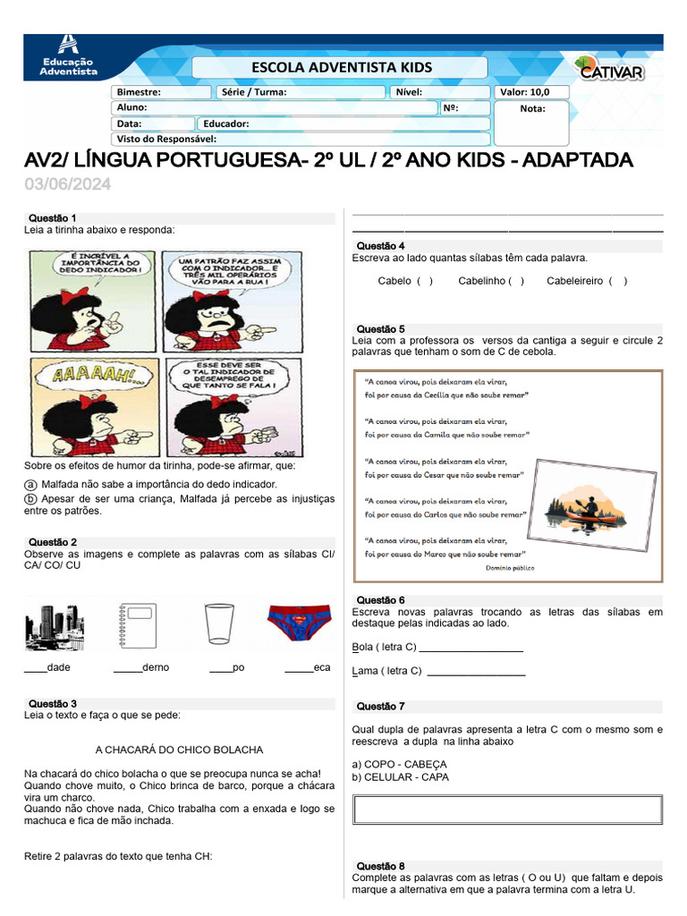 Av2 Língua Portuguesa - 2º Bim 2º Ano Kids - Adaptada | PDF