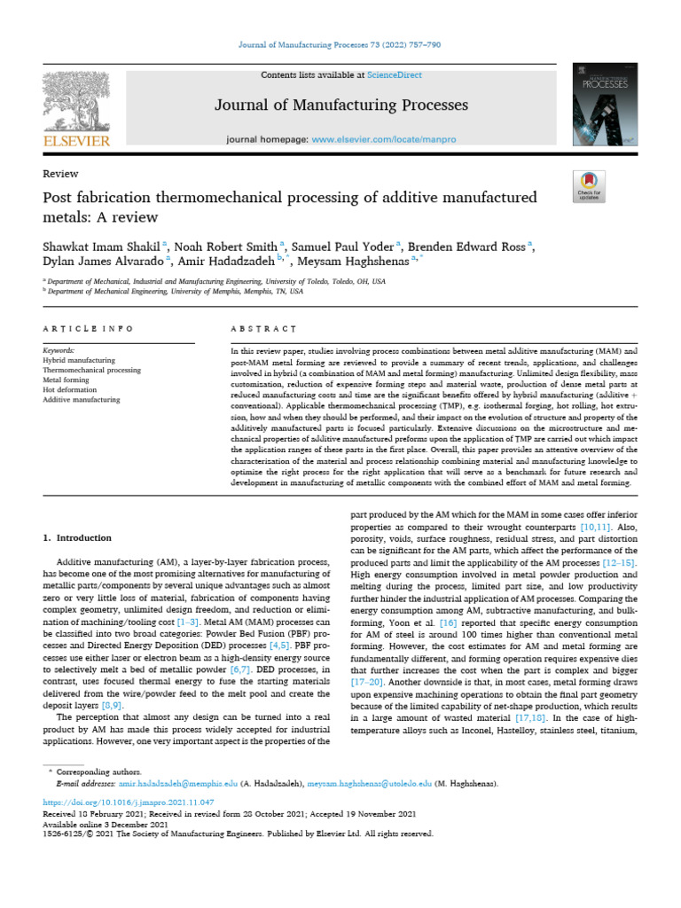 Post Fabrication Thermomechanical Processing of Additive Manufactured ...