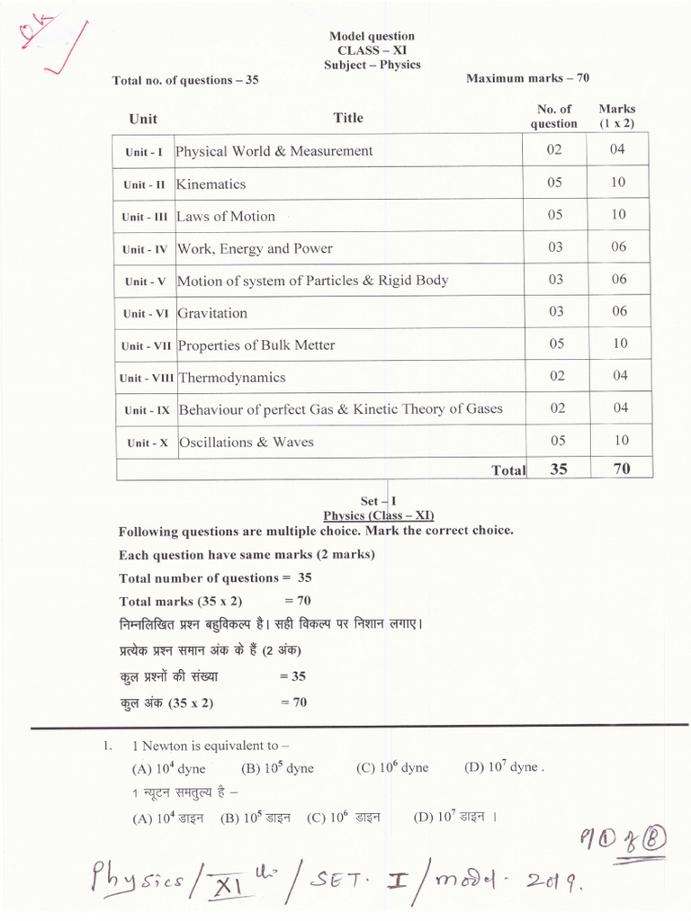 Class XI 2019 Physics Set 1 | PDF | Gases | Newton's Laws Of Motion