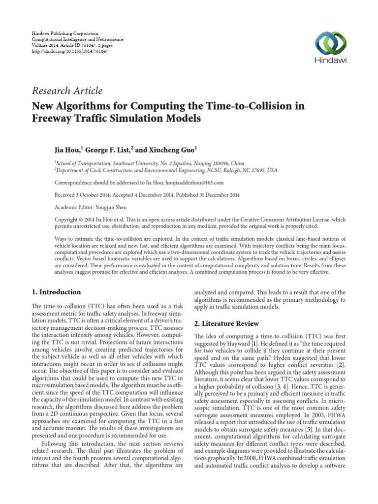 Hou at Al New Algorithms For Computing The Time-To-Collision in Freeway Traffic Simulation ...