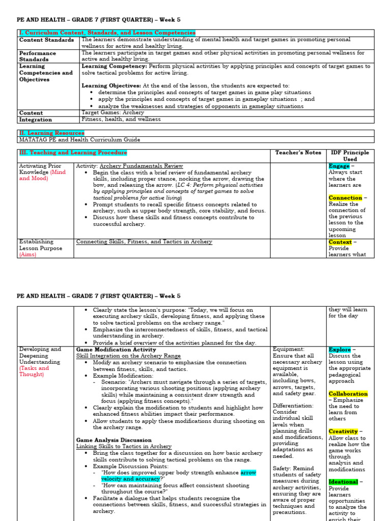 Session 7b Sample Le Week5 Peh7 Matatag Pdf Archery