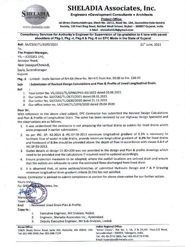 LTR 3195 Submission of Revised Design Calculation and Plan Profile of Lined Longitudinal Drain ...