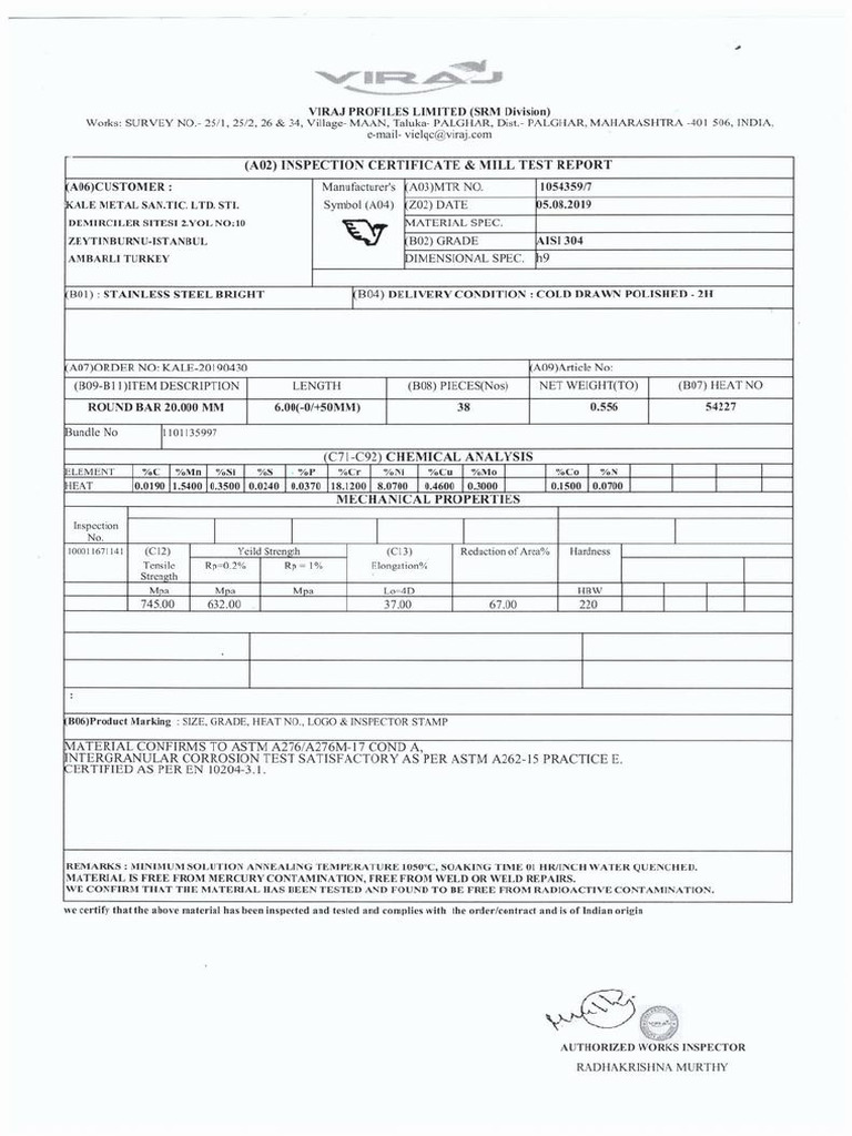 SS304 ROD Certificate | PDF