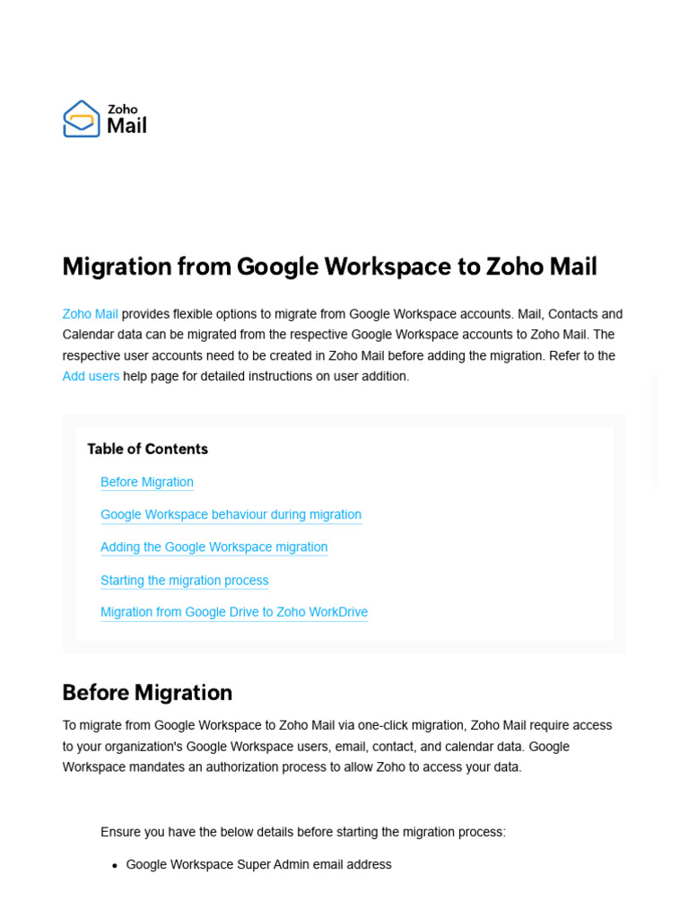 One Click - Migration From Google Workspace To Zoho Mail | PDF | Gmail ...