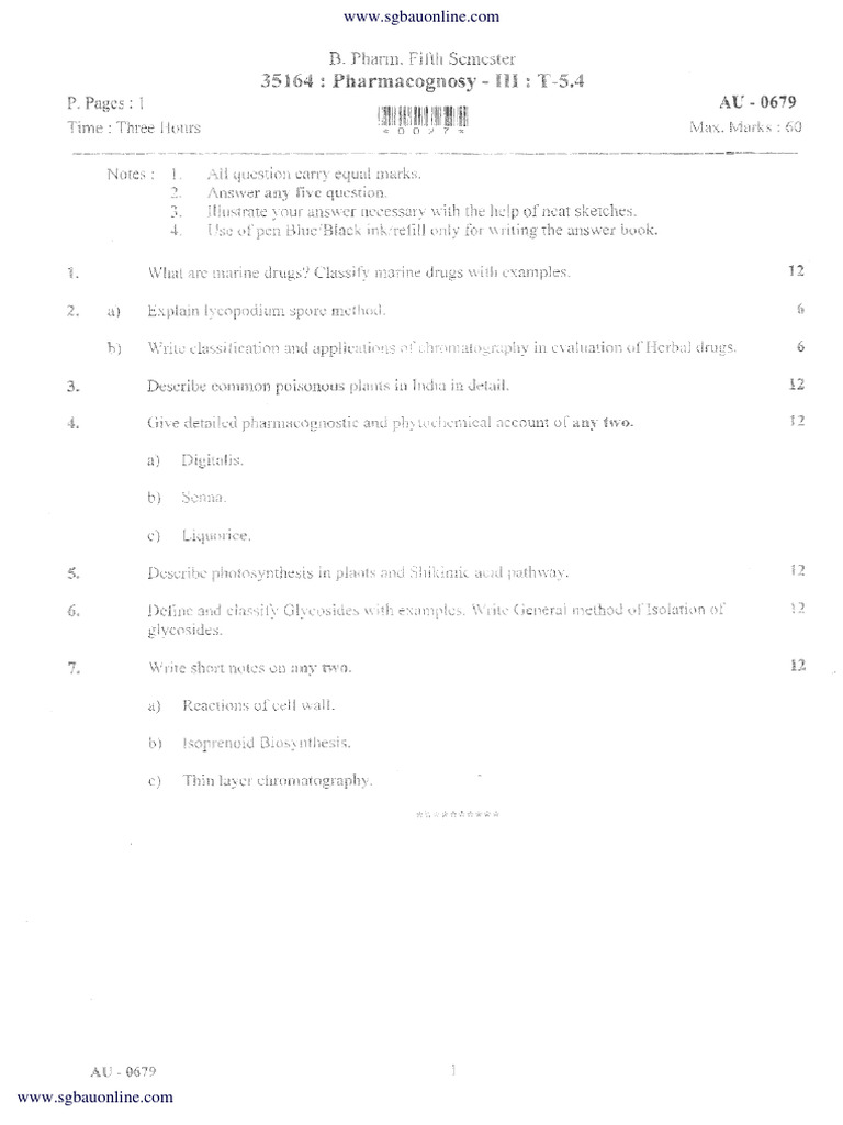 Bpharm 5 Sem Pharmacognosy 3 Summer 2018 | PDF | Science & Mathematics