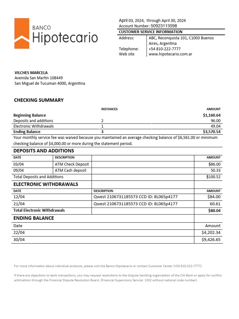 Argentina Banco Hipotecario Bank Statement | PDF | Deposit Account | Banks