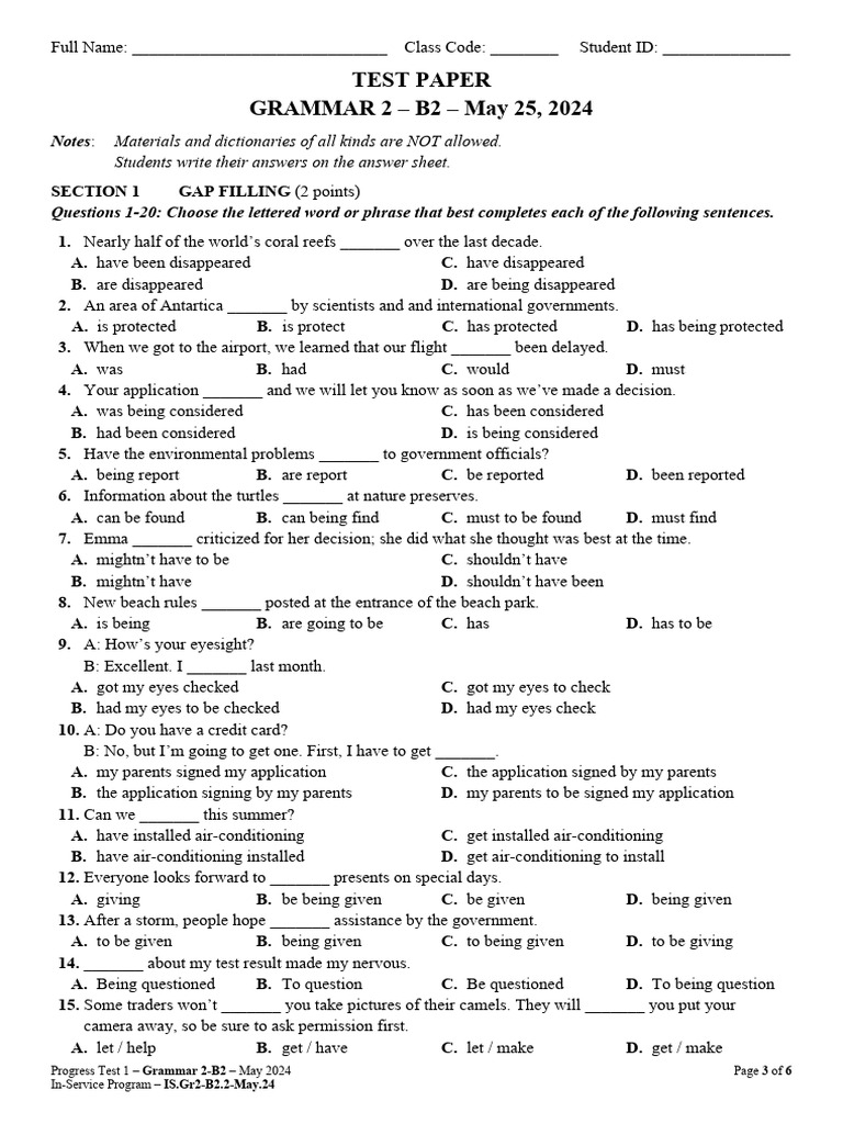Test Paper GRAMMAR 2 - B2 - May 25, 2024: Students Write Their Answers ...