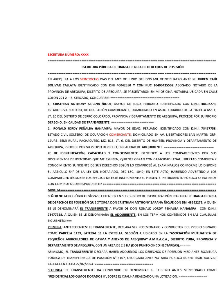 ESC. XXXX TRANSFERENCIA DE POSESION CRISTHIAN ANTHONY ZAPANA ÑIQUE A RONALD JORDY PEÑALOSA ...